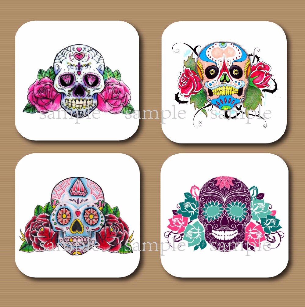 Set of 4 Mexican Sugar skull cup coaster wood mdf ... – Vicedeal