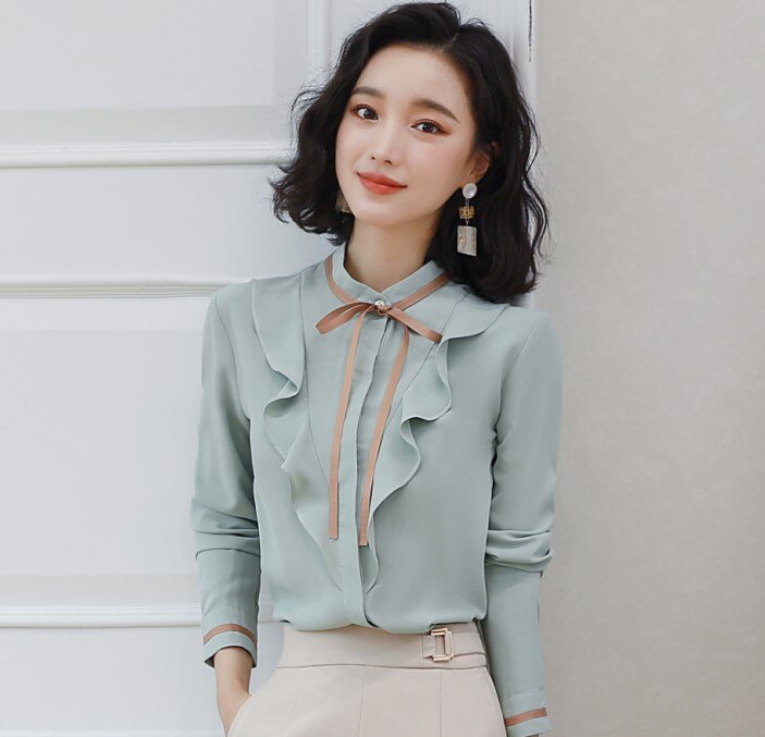 Light Blue Shirt Women Autumn Retro Long Sleeve St... – Grandado