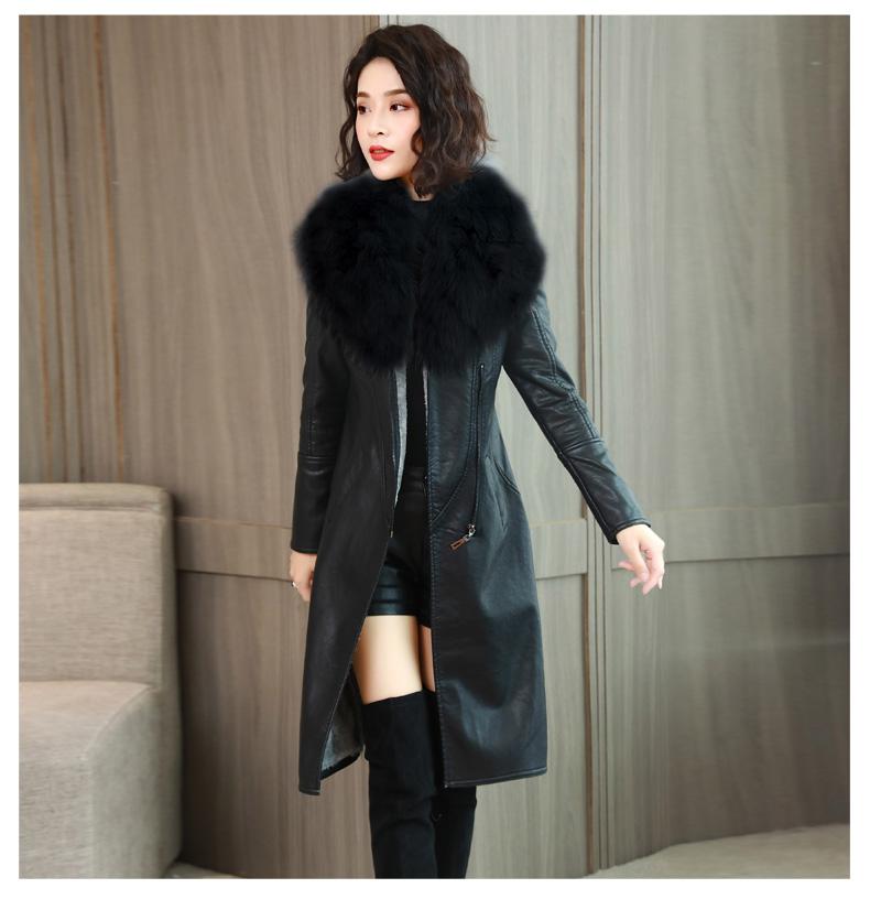 Winter Long Leather Jacket Women Slim Faux Fur Col... – Grandado