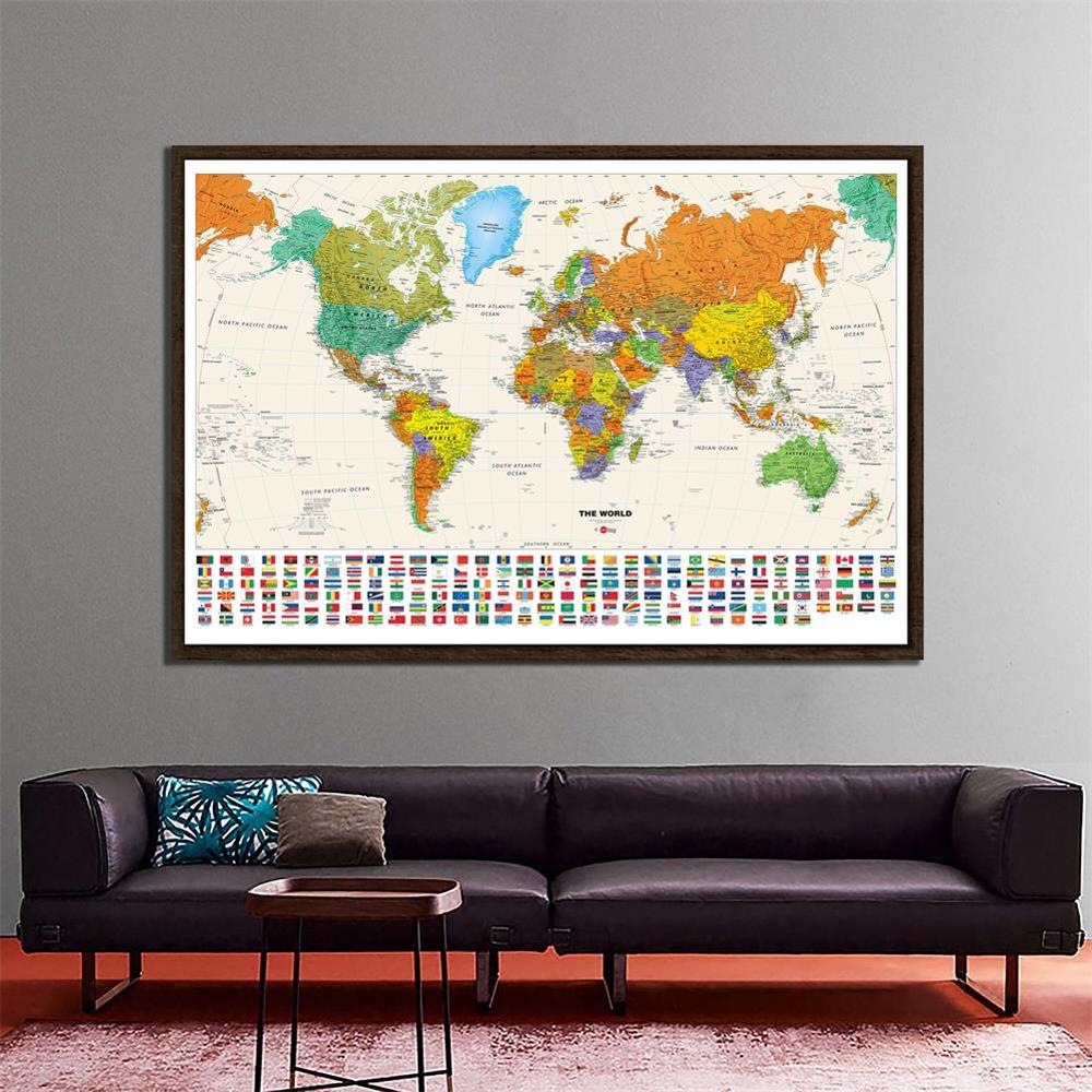 150x225cm The World Physical Map With National Fla... – Grandado