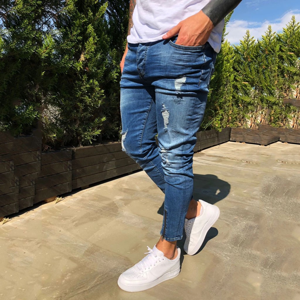 Mens Ripped Jeans Casual Mens Jeans Slim Fit Skinn... – Vicedeal