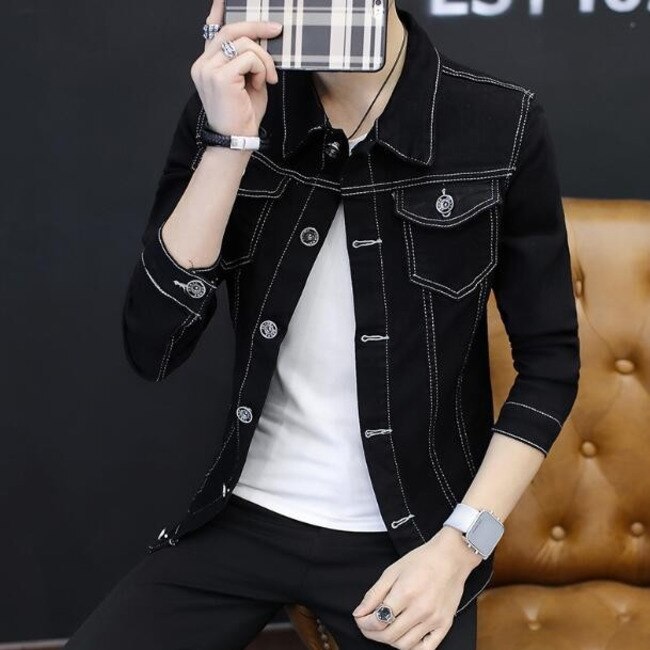 #3405 Spring Autumn Black Denim Jacket For Men Sli... – Grandado