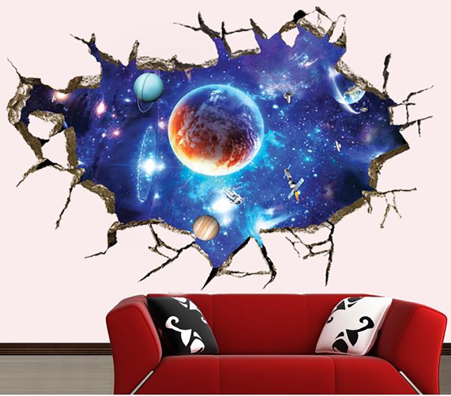 3D Cosmic space planet Broken Wall Stickers for ki... – Grandado