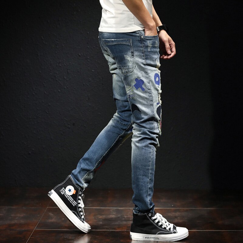 Streetwear män jeans tryckta broderier elastiska r... – Grandado