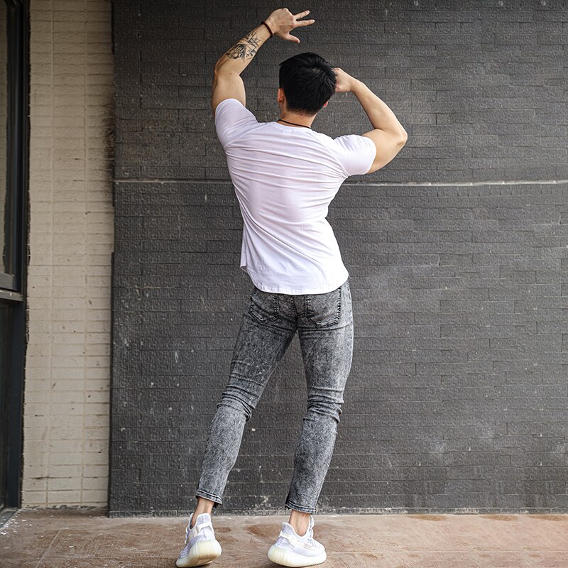 Mens Skinny Ripped Jeans Gym Super Stretch Fitness... – Grandado