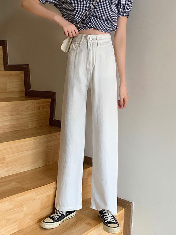 beige jeans high waist straight leg pants loose dr... – Grandado