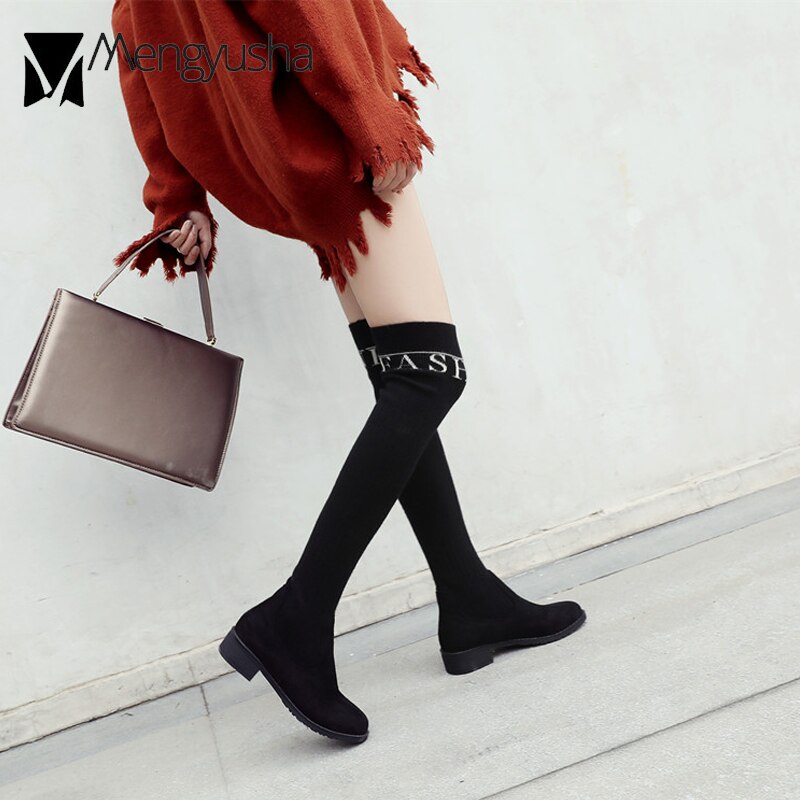 wool knitting elastic high boots letter low heel l... – Vicedeal