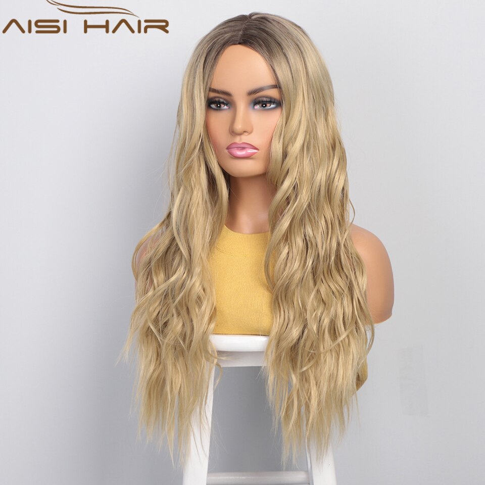 AISI HAIR Long Big Wave Wig Ombre Blond Wig for Bl... – Grandado