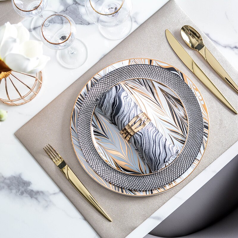 Luxury Gold Line Ceramic Dinner Plate Geometric Di... – Vicedeal