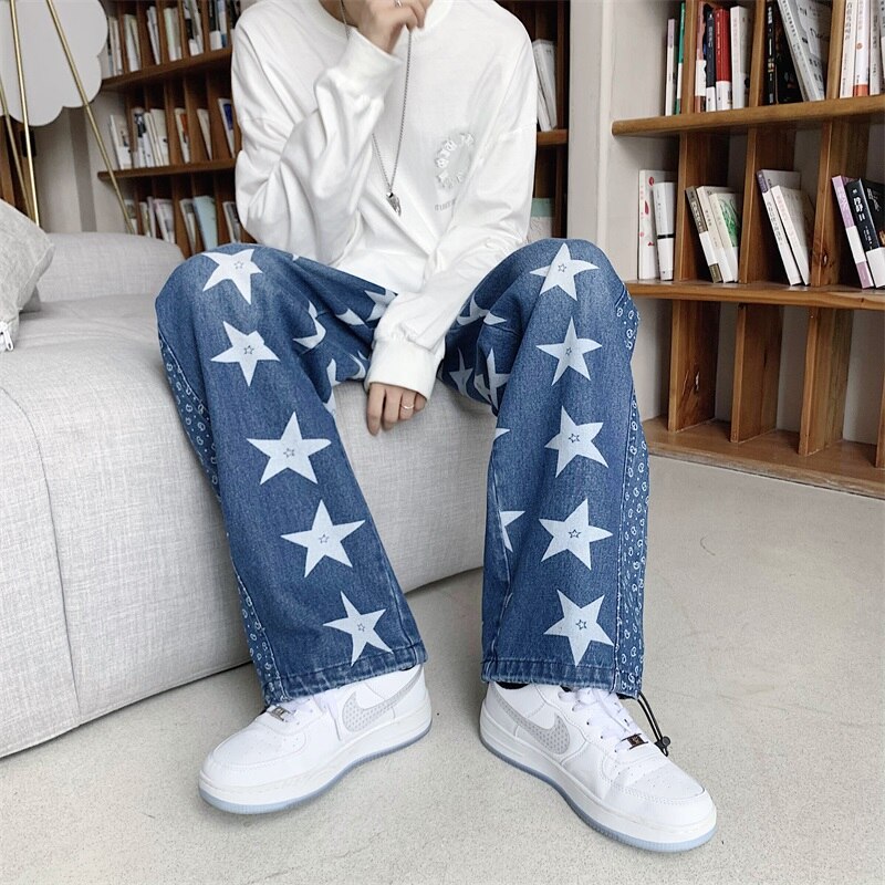 Japan Style Star Print Patchwork Denim Pants Autum... – Grandado