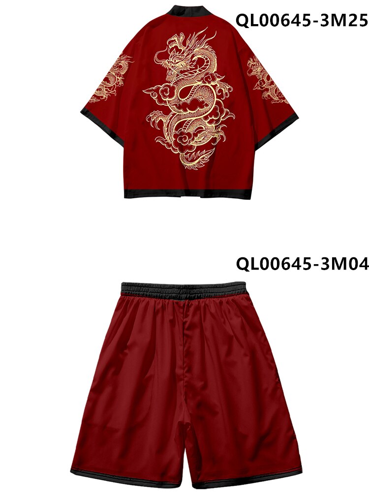 Dragon Print Yukata Harajuku Red Kimono Shorts Set... – Grandado