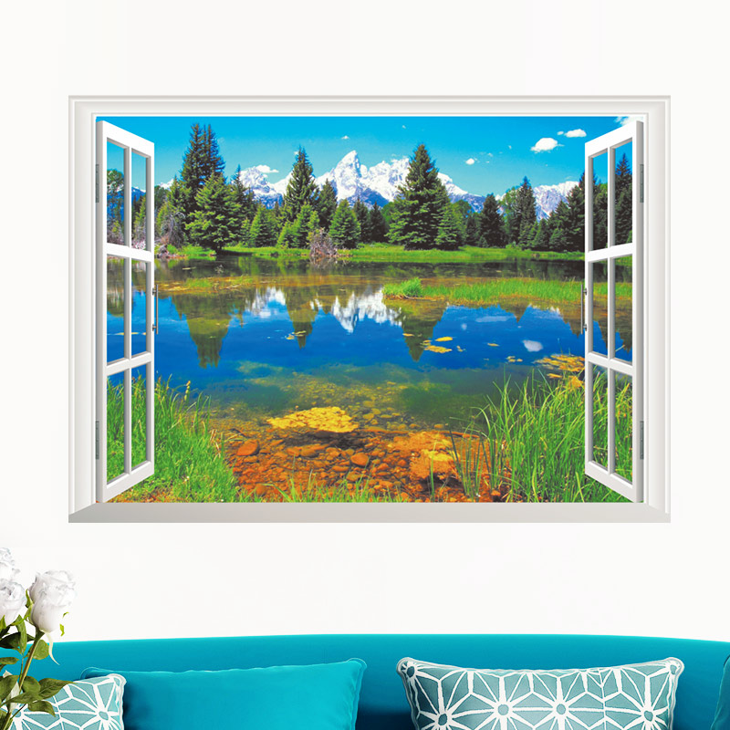 Nature Mountains Lake House Tree 3D Window View Li... – Grandado
