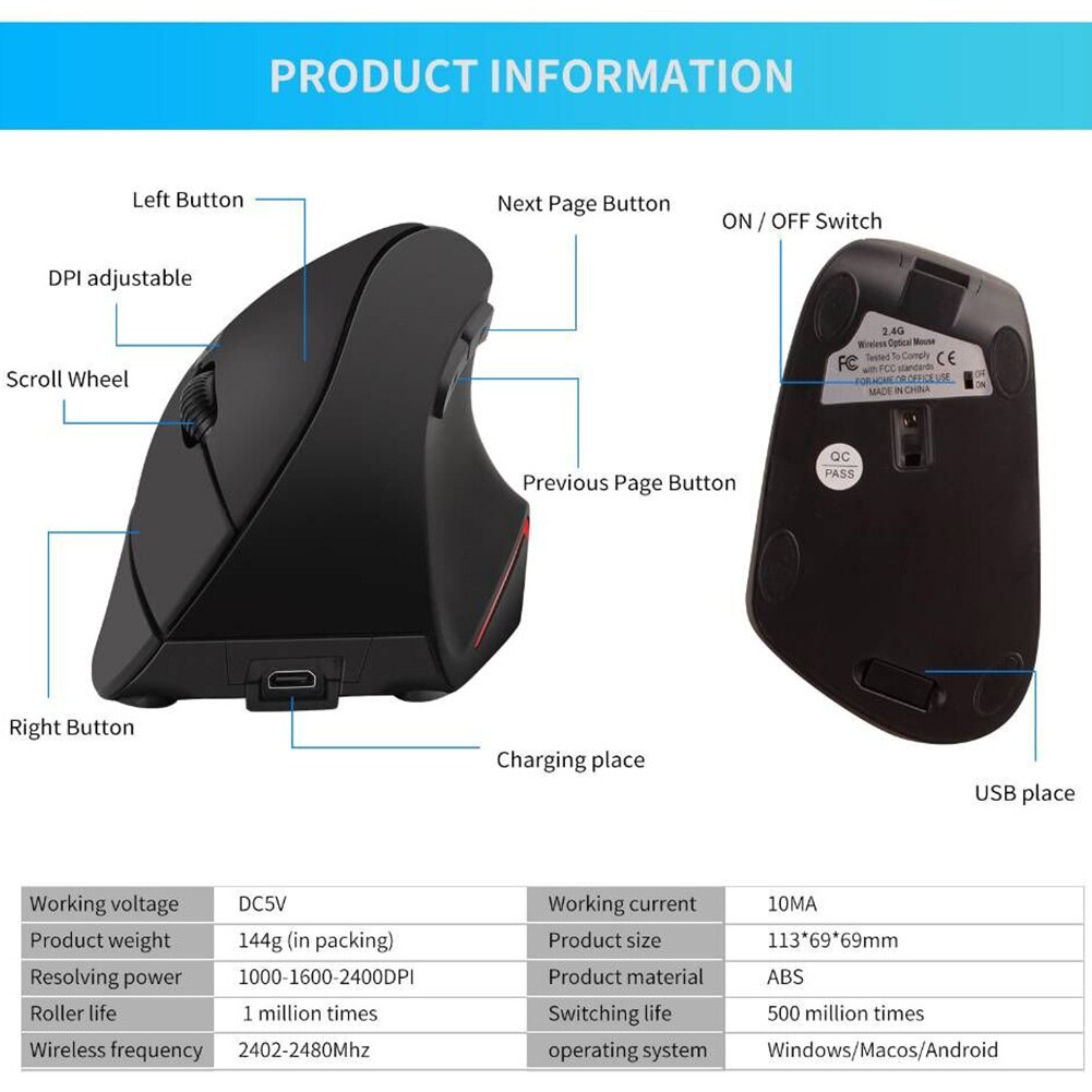 2400DPI Handheld Mice USB Receiver Wireless Vertic... – Vicedeal