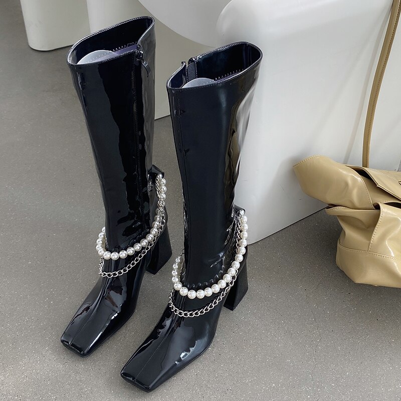 INS Luxury Women White Chunky High Heels Pearl Ank... – Grandado