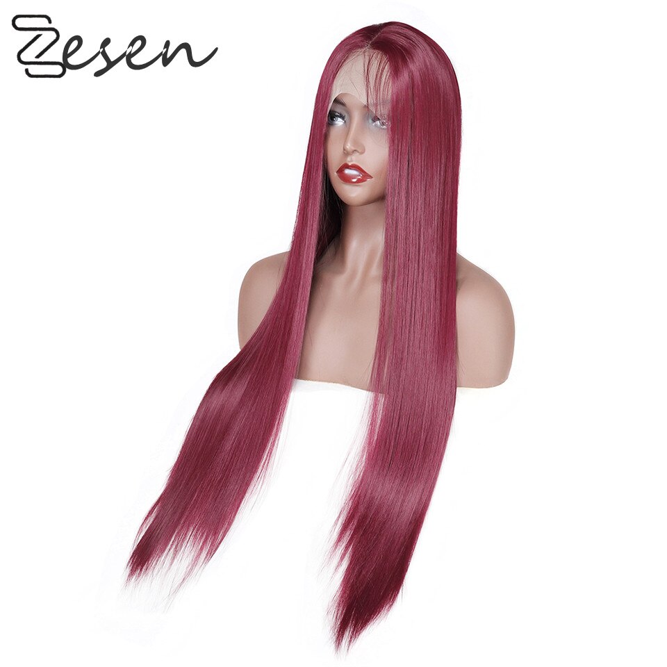 ZeSen Wine Red Wig Straight Long Synthetic Lace Fr... – Grandado