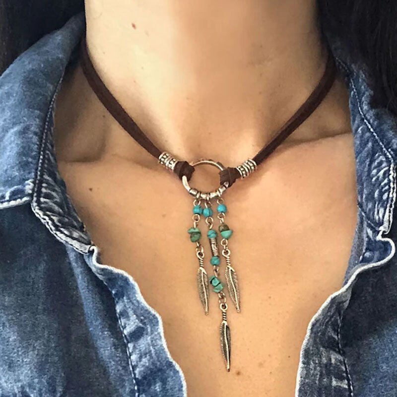 Boho Stijl Dangle Ketting-Een Metalen Veer, turquo... – Vicedeal