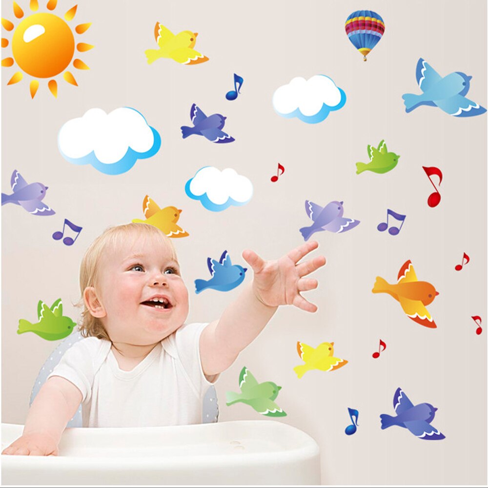 Sky Vogels Zon Ballon Cloud cartoon Muur Sticker v... – Grandado