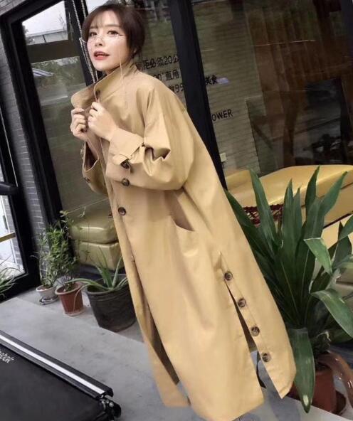 Autumn Women Khaki Red Side Split Long Windbreak S... – Grandado