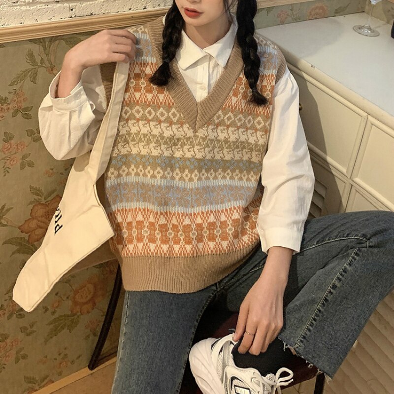 Kimotimo Knitted Jumper Sweater Vest Harajuku Autu... – Grandado