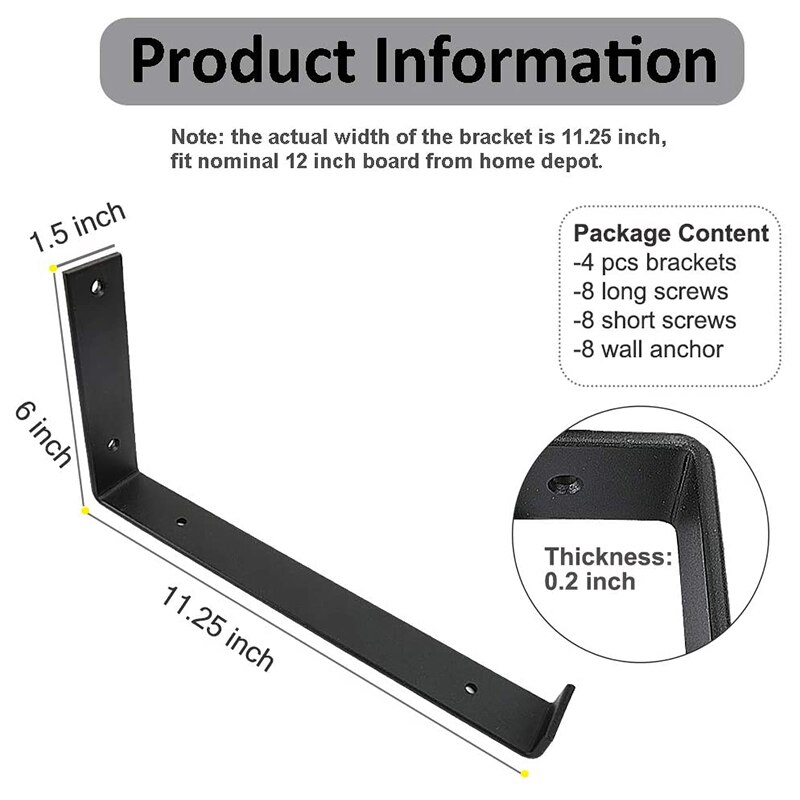 Plank Beugels 12 Inch 4Pcs Heavy Duty Black Muurbeugel Met Lip Voor ...