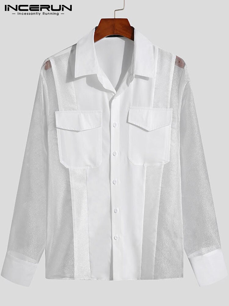 Mode Mannen Overhemd Revers Mesh Patchwork Lange M... – Grandado