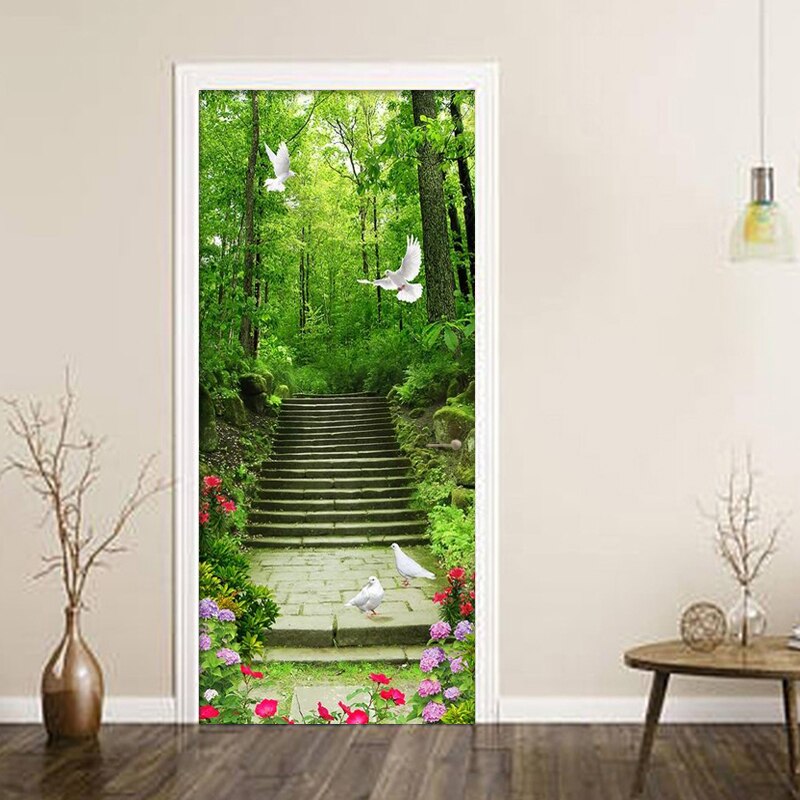 Green Forest Stairs Door Sticker 3D Nature Landsca... – Grandado