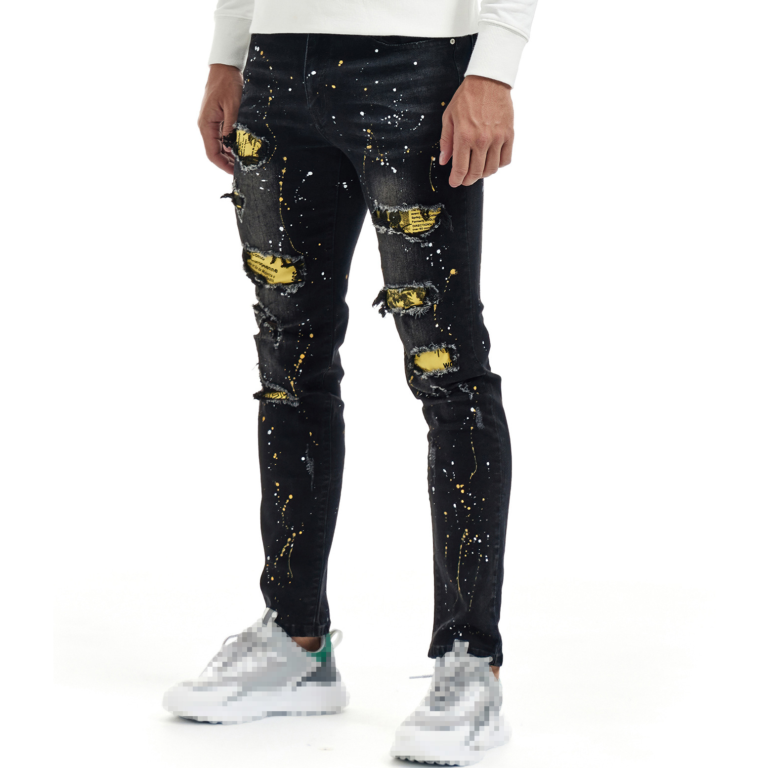 Paint Print Black Skinny Jeans Men Destroyed Fraye... – Vicedeal