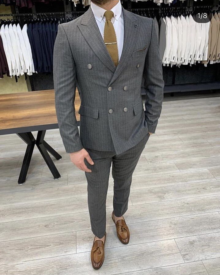 Grey Double Breasted Stripe Men Suits Business Cas... – Vicedeal