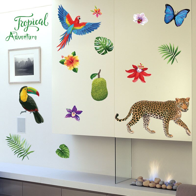Nordic Jungle Cheetah Wall Stickers Parrot Wallpap... – Grandado