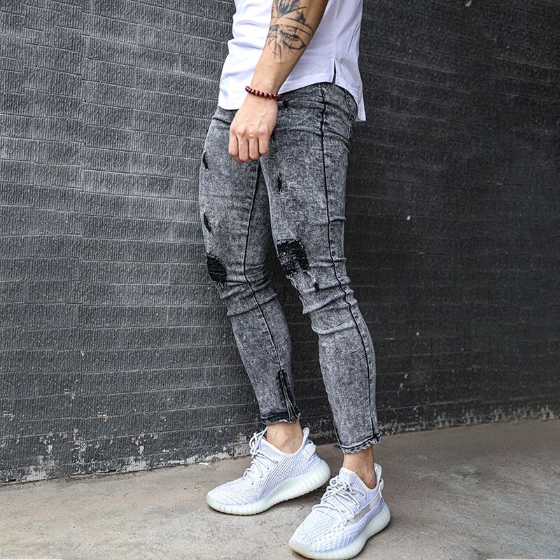 Mens Skinny Ripped Jeans Gym Super Stretch Fitness... – Grandado
