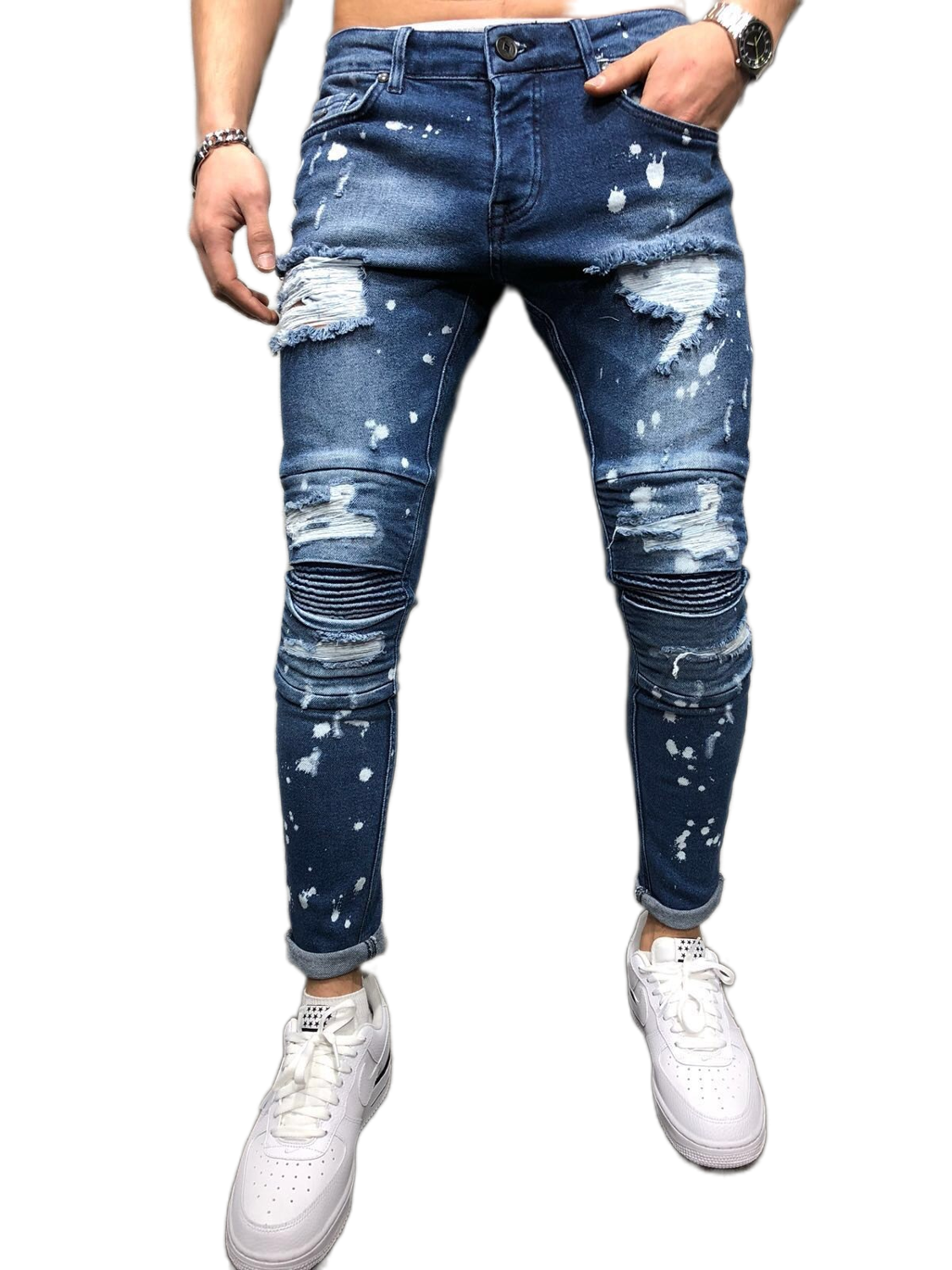 Mannen Jeans Stretch Vernietigd Ripped Verf Punt E... – Grandado