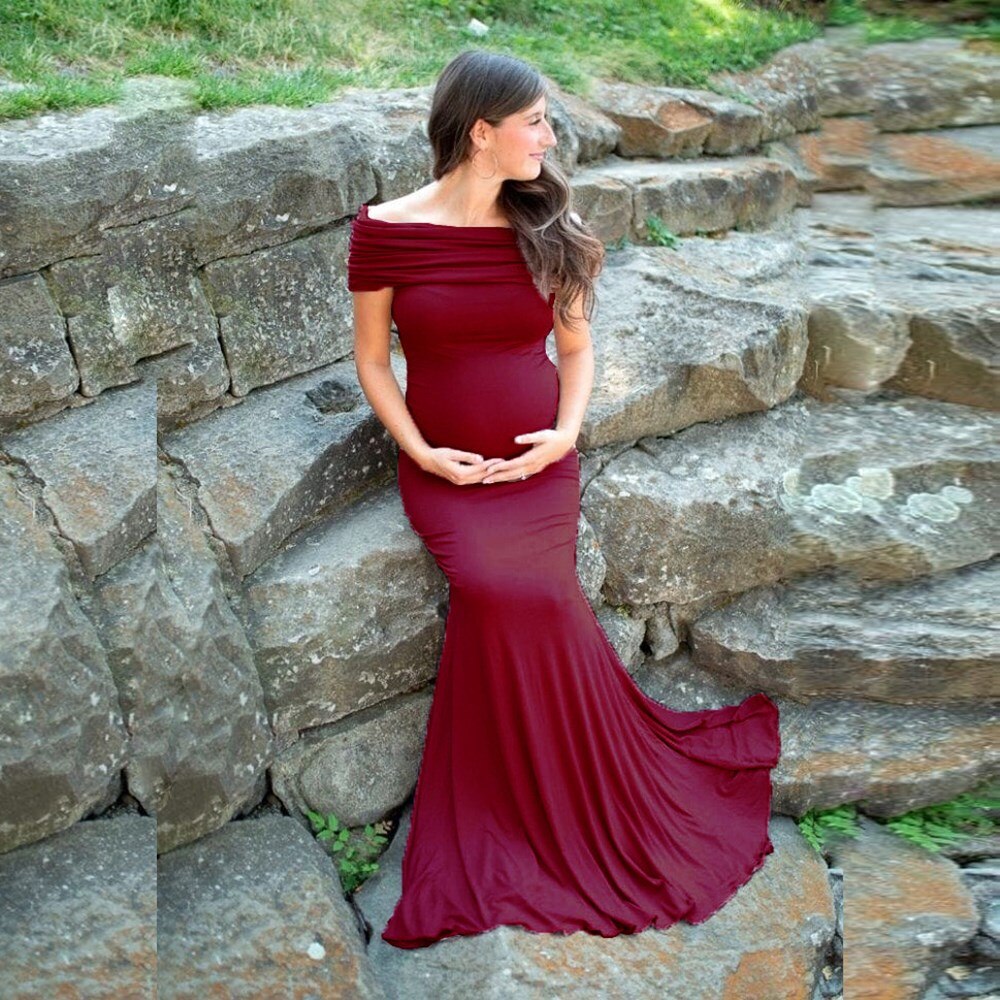 Cotton Slim Trailing Shoulderless Maternity Dress ... – Grandado