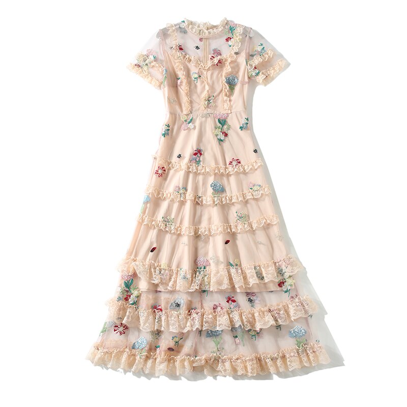 Midi Lace Patchwork Female Long Dress Floral Embro... – Vicedeal