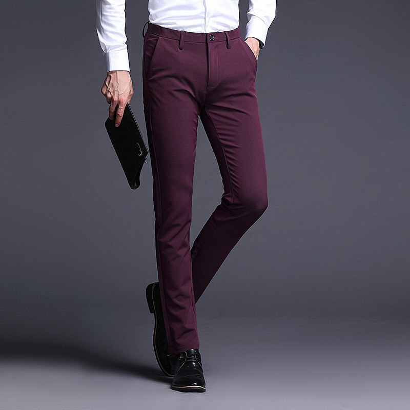 Men's Wine Red Slim Trousers Stretch Youth Pants S... – Grandado