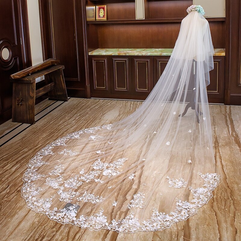 Two layer Long Wedding Veils Lace Appliques Velo d... – Vicedeal