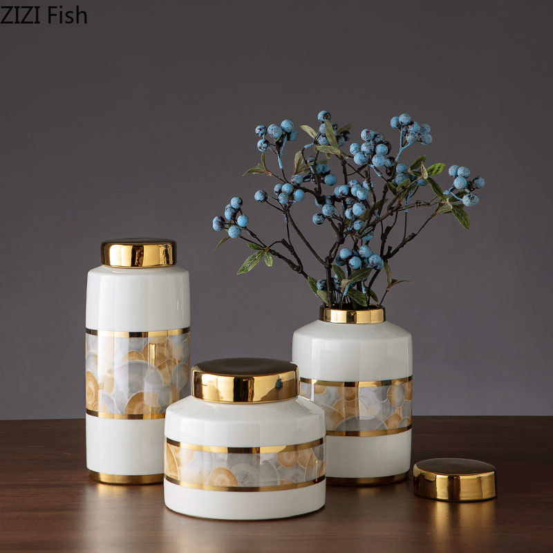 Painted Ceramic Vases Storage Jar with Lid Golden ... – Grandado