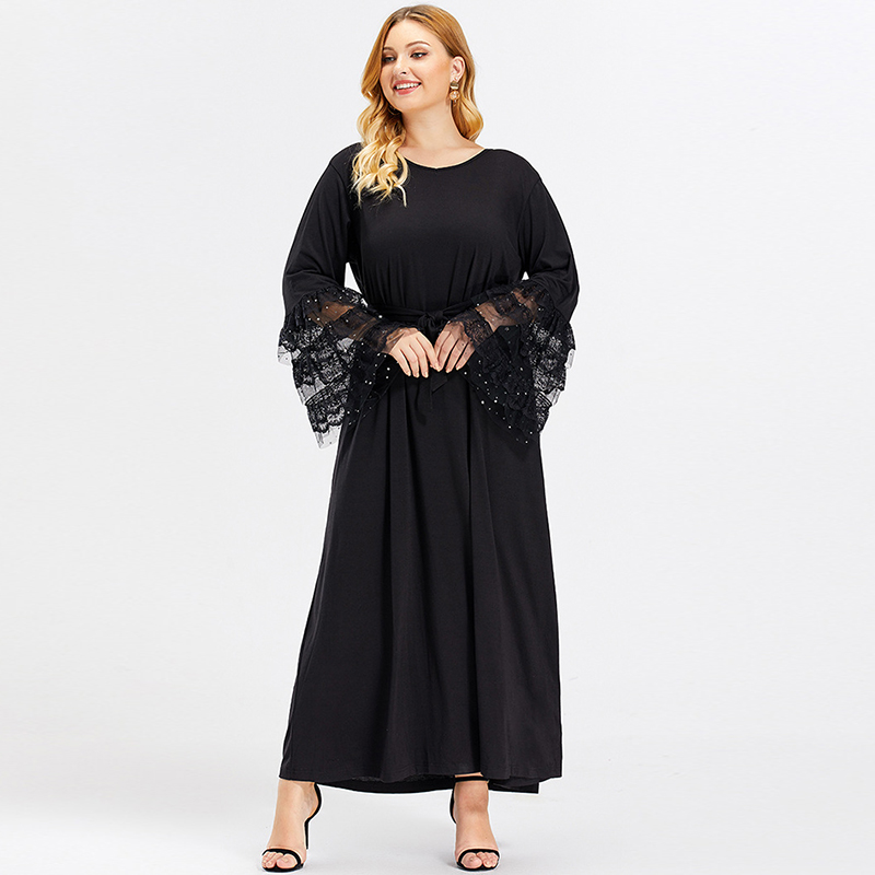 Vrouwen Jurk Plus Size Lace Flare Lange Mouwen Sol... – Grandado