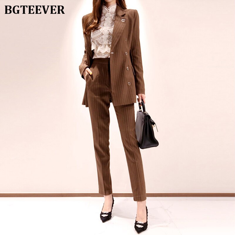 Mode Double-Breasted Gestreepte Vrouwen Broek Pak ... – Grandado