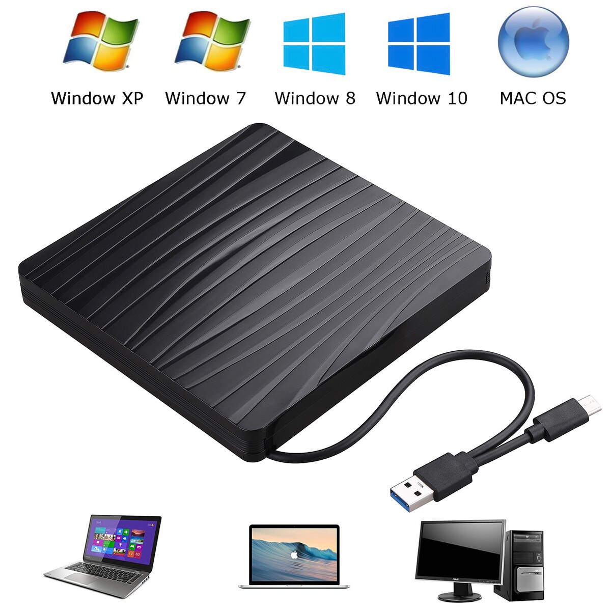External CD DVD Drive USB 3.0 Type-C Slim External... – Vicedeal