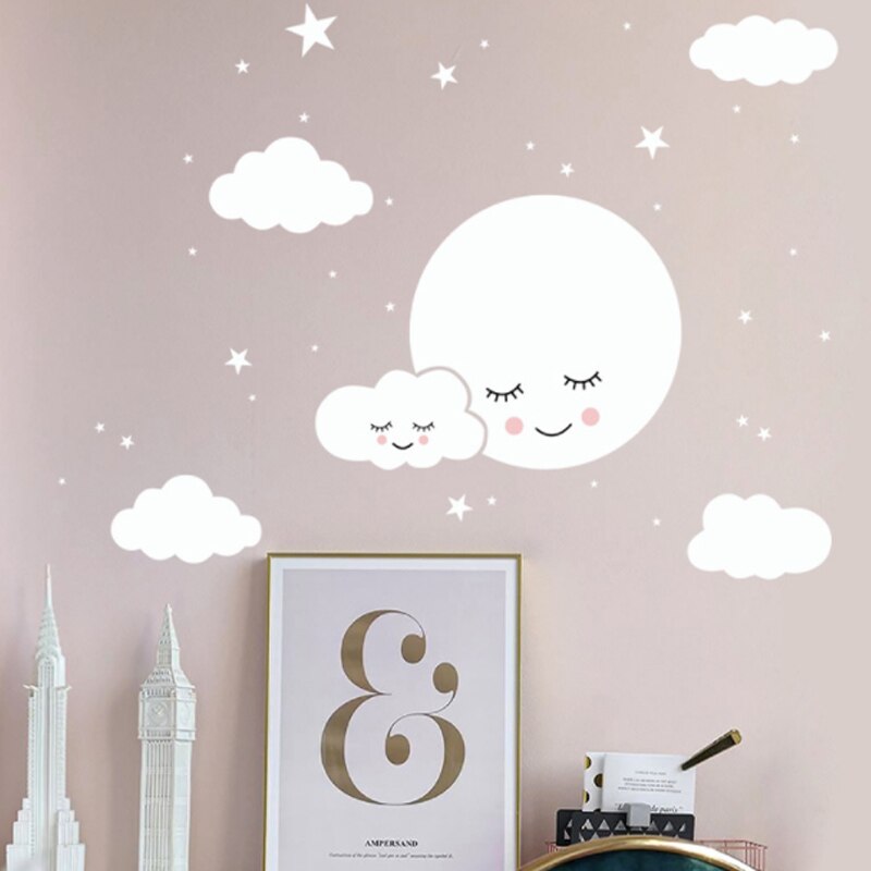 Baby Nursery Bedroom Smiley Stars w/ Cloud Wall St... – Grandado