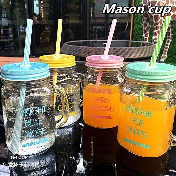 450ml Colorful Glass Mason Jar Mug with Lid and St... – Vicedeal