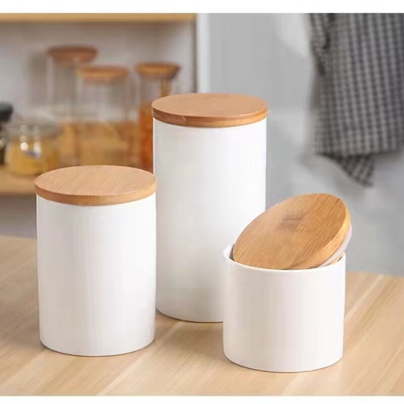 Simple White Ceramic Sealed Storage Jar with Woode... – Grandado