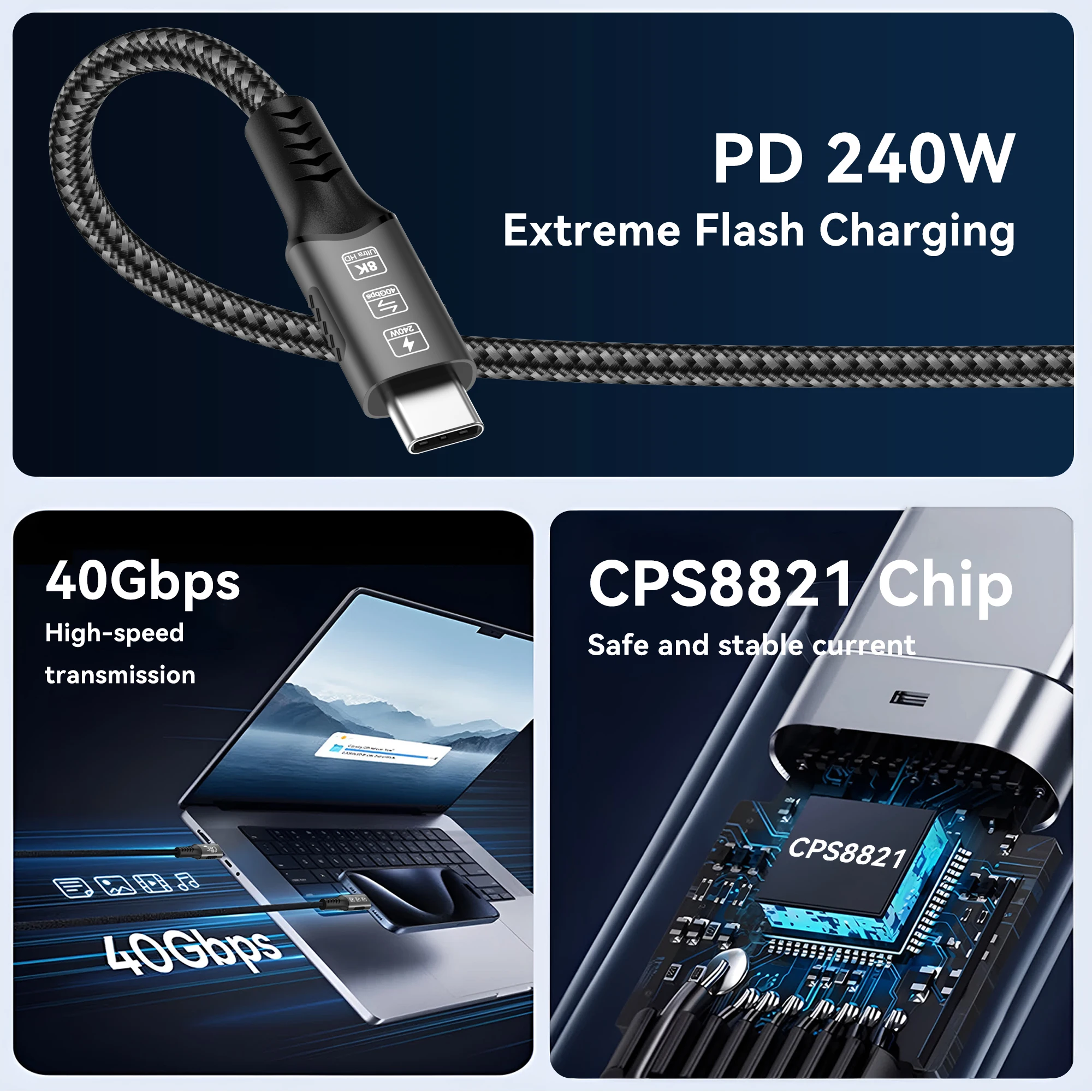 8K USB4 Type C Cable 40Gbps 240W PD3.1 QC4.0 For S... – Grandado