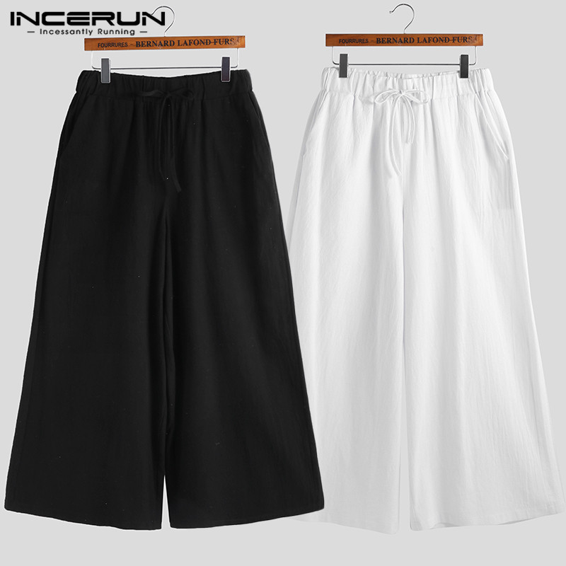 INCERUN Men Wide Leg Pants Loose Cotton Elastic Wa... – Grandado