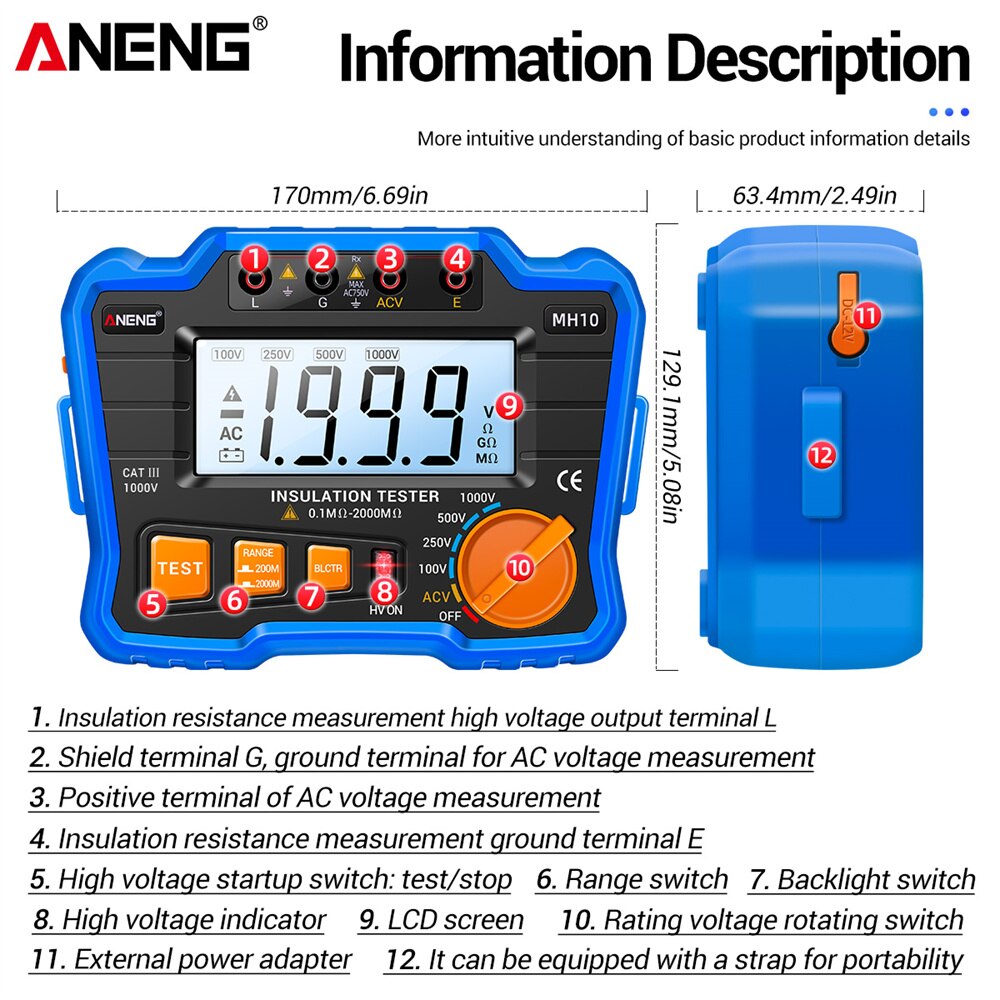 Aneng MH10 Digitale Megohmmeter Meter 100/250/500/... – Vicedeal
