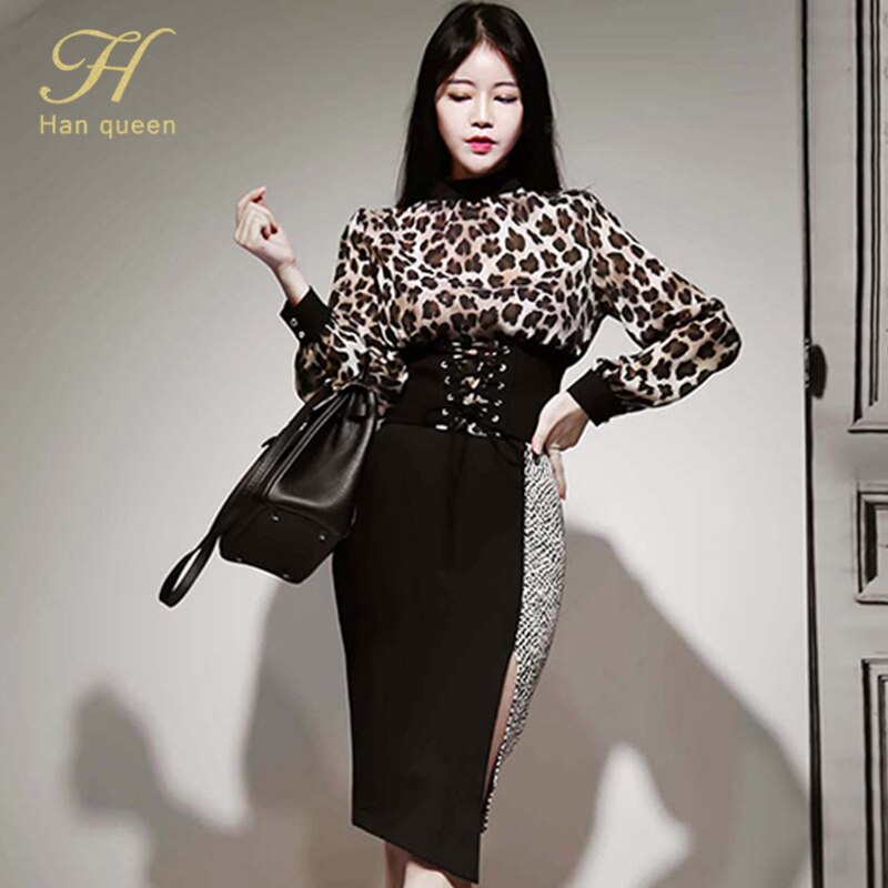 H Han Queen Women Work 2 Pieces Set V-neck Leopard... – Grandado