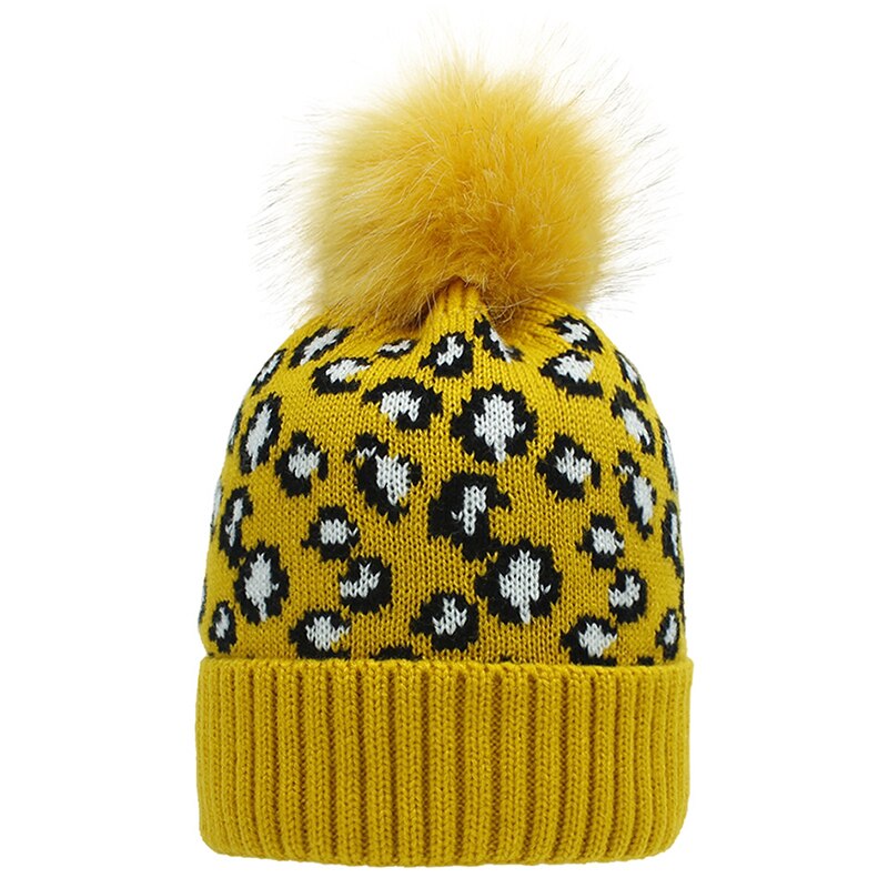warm hat leopard wool knitted hat extra large ball... – Grandado