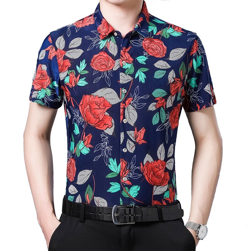 Zomer Korte Mouw Slim Fit Rose Gedrukt Turn-Down K... – Vicedeal