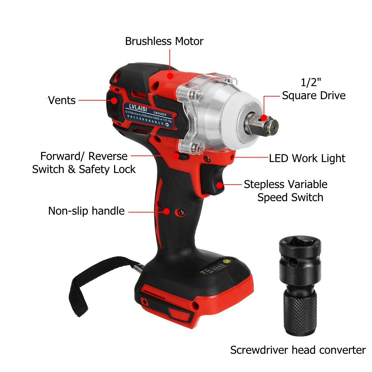 18V 520N.m. Li-Ion Cordless Impact Wrench Driver 1... – Grandado