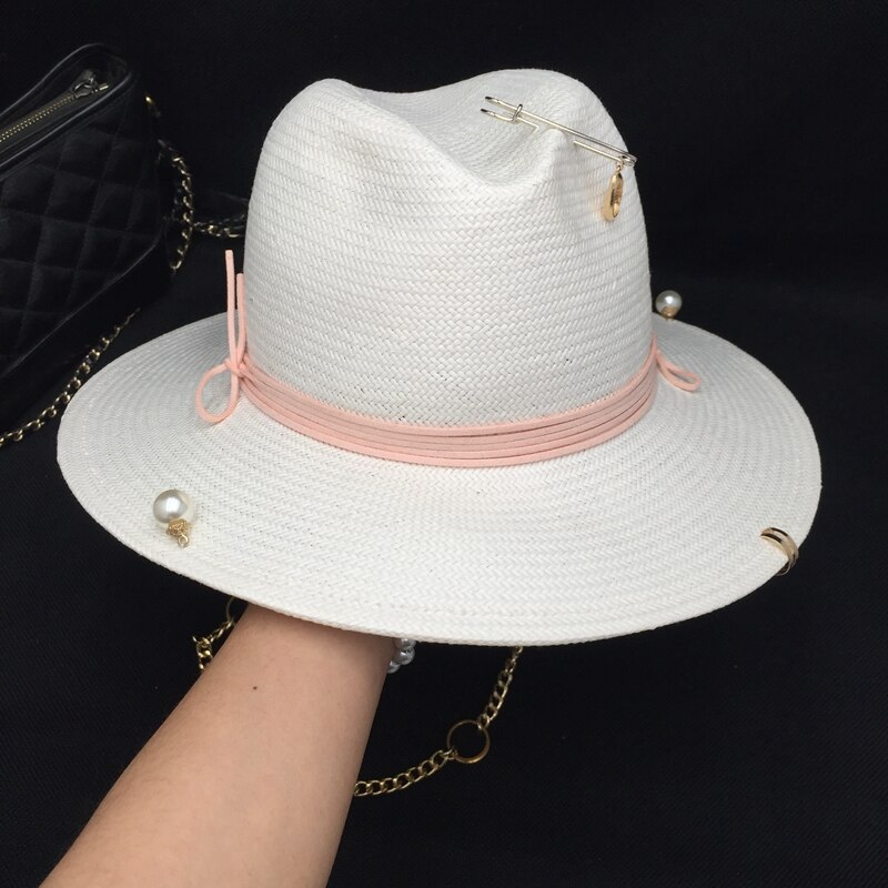 straw hat for women with chains shells pearls whit... – Grandado